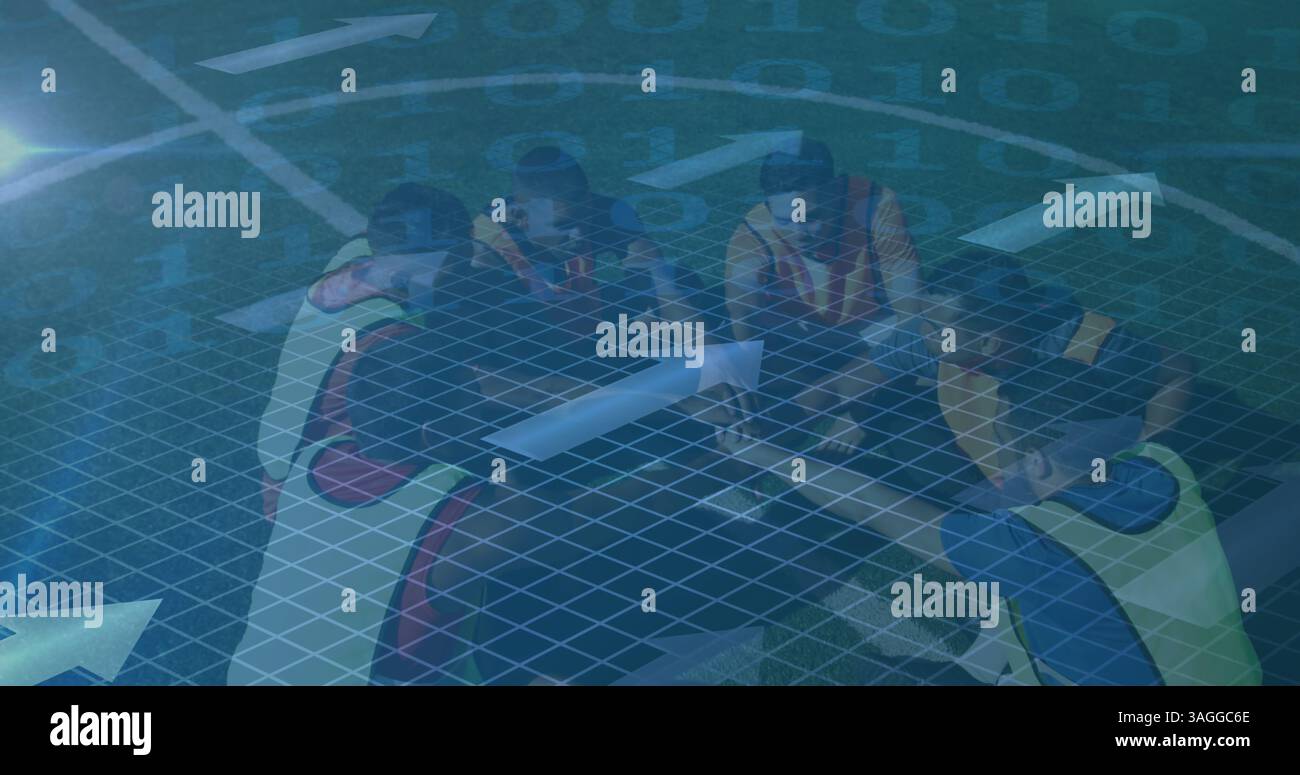 Binary coding data processing and arrows against team of male soccer ...