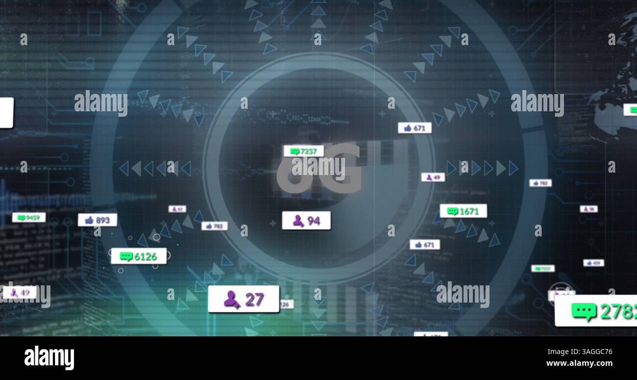 Image of social media icons over 6g text and scope scanning Stock Photo ...