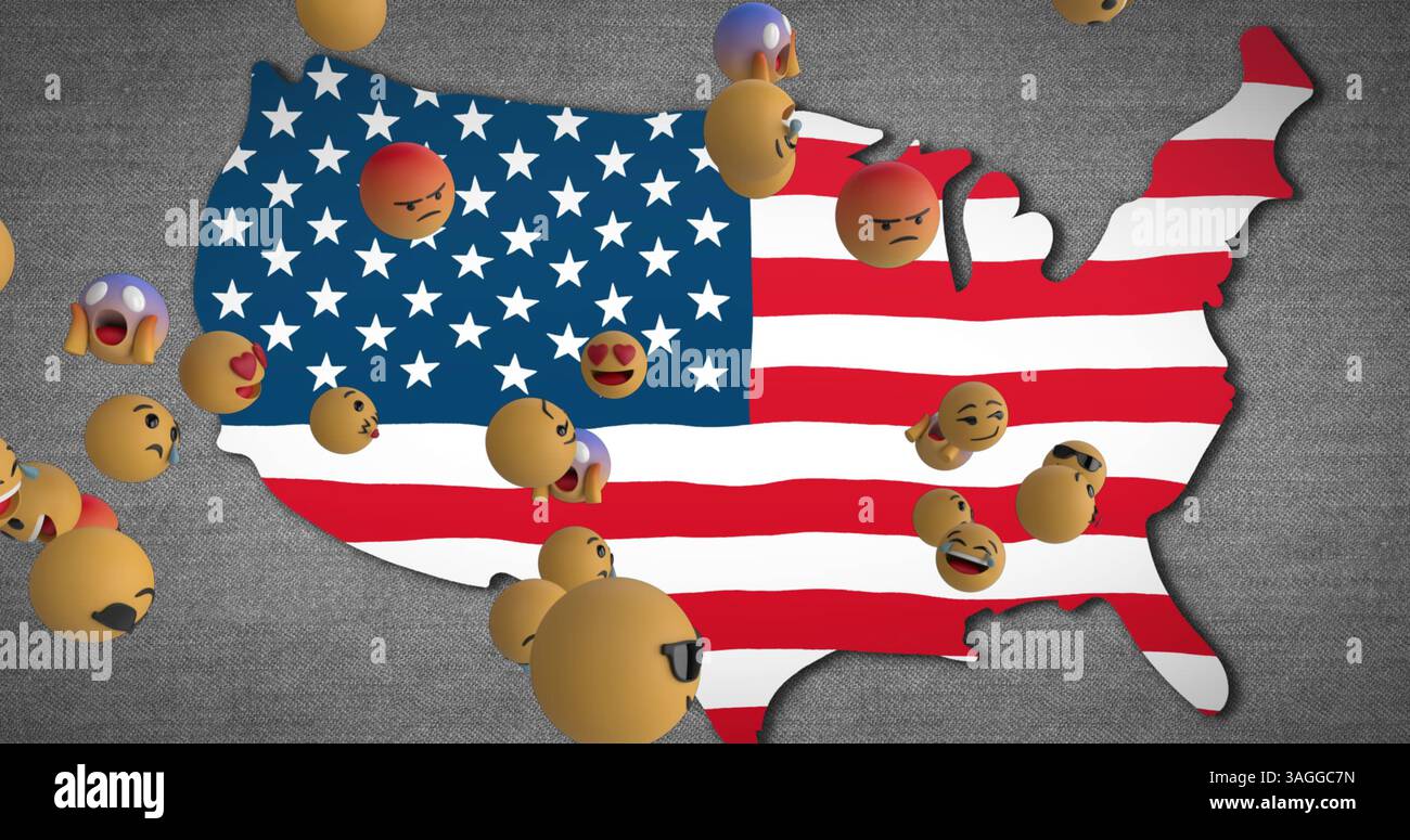 Image of emojis flying over map of america with american flag Stock ...