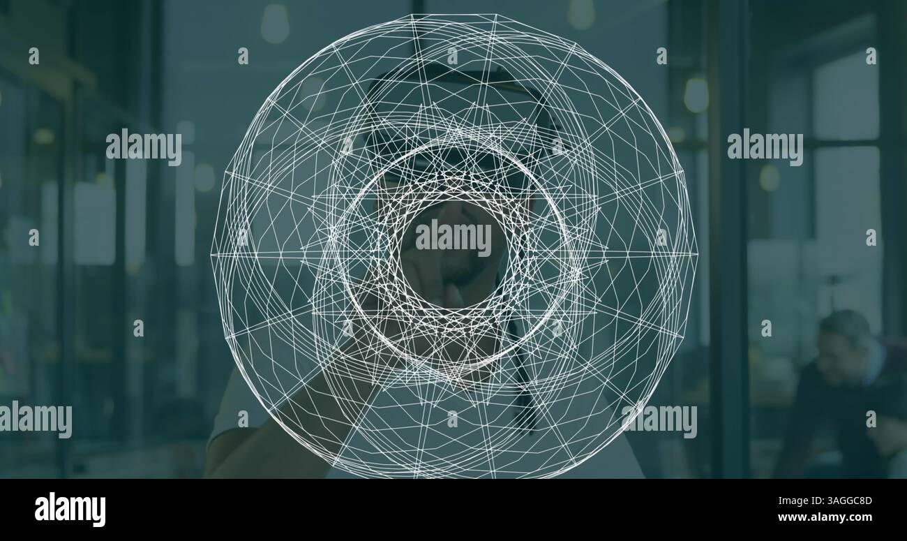 Image of circular geometry, over man wearing vr headset using virtual ...