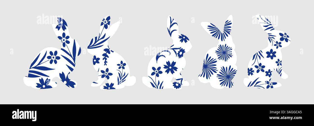 Easter bunny rabbits in different poses.Vector Easter painted rabbit ...