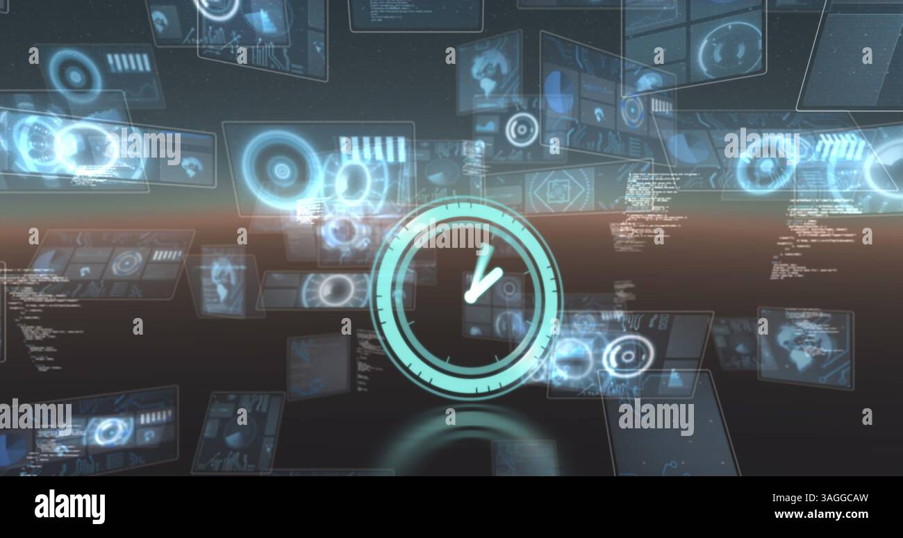 Neon digital clock ticking against multiple round scanners and data processing on blue ...