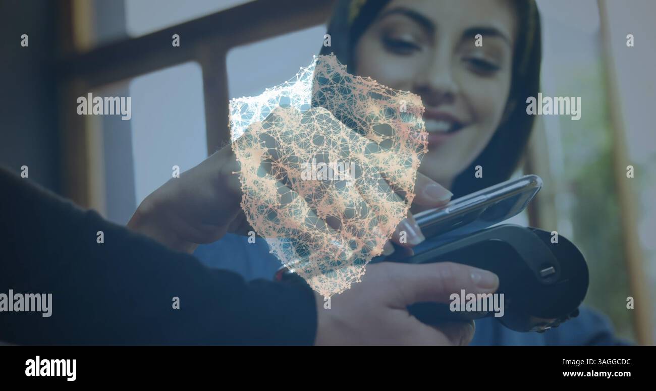 Image of network of connections with security shield over people using ...