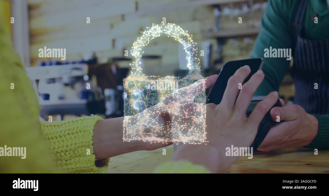 Image of network of connections with cloud icon over people using ...