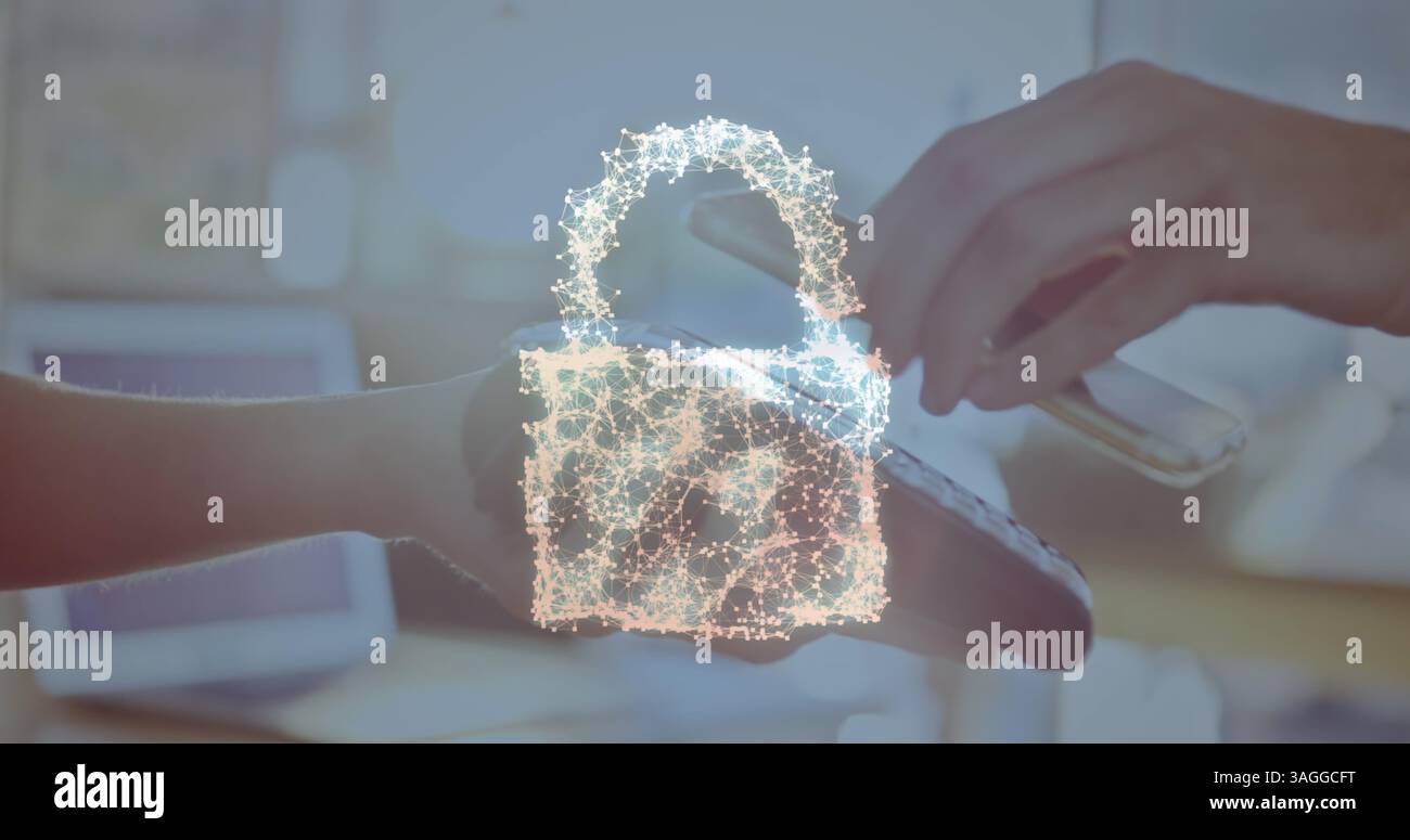 Image of network security padlock over people using payment terminal ...