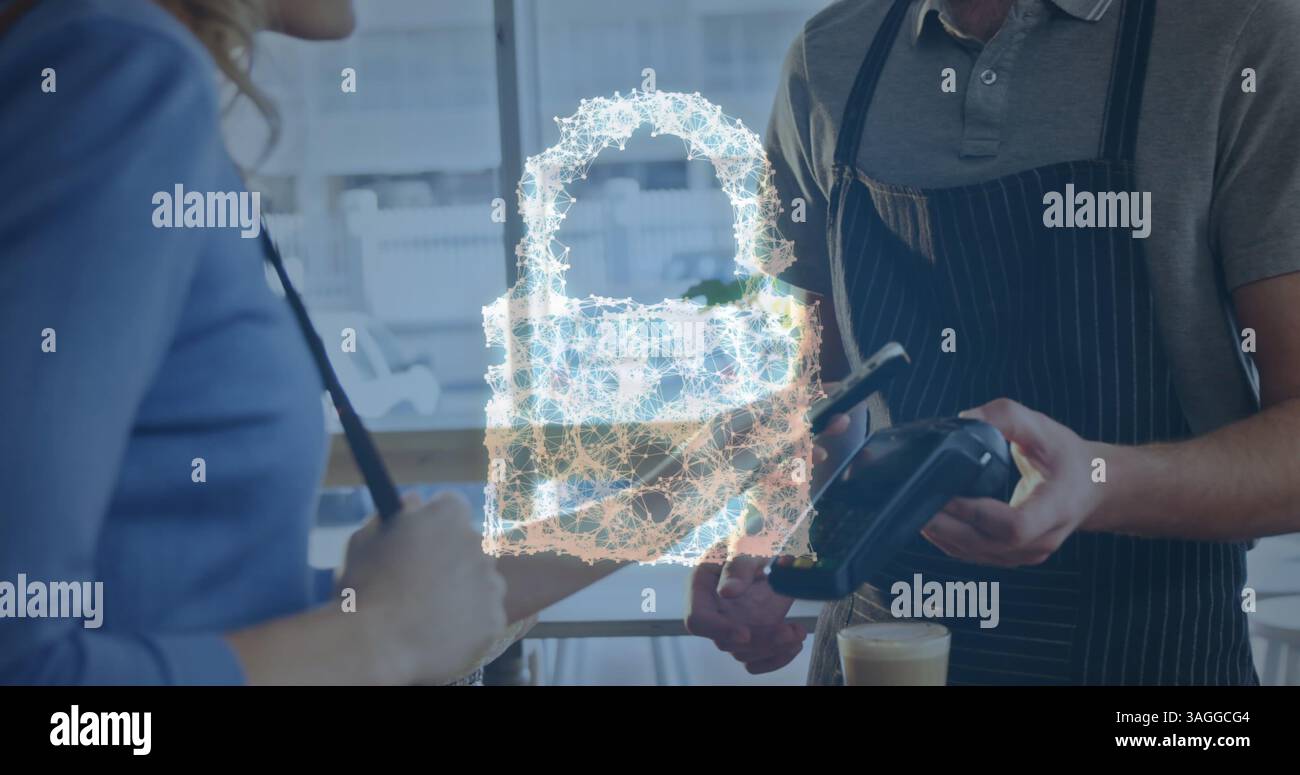 Image of network security padlock over people using payment terminal ...