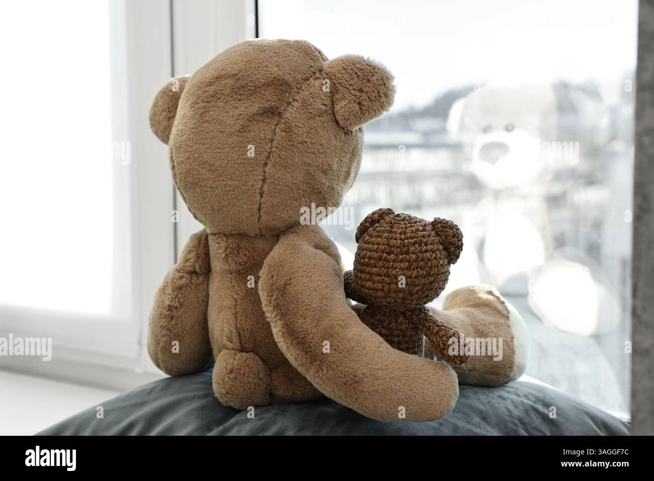 Two cute teddy bears near window indoors. back view Stock Photo - Alamy