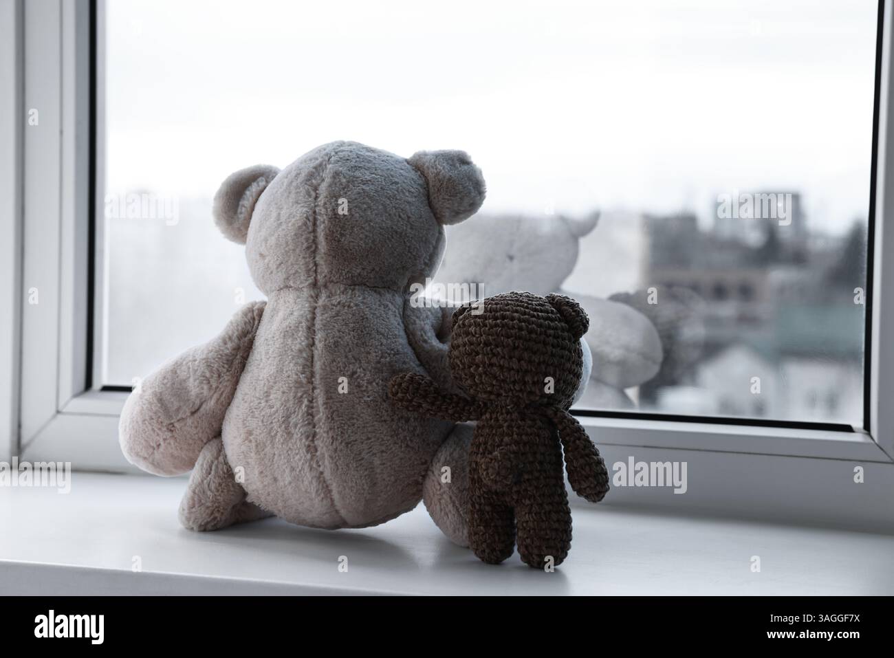 Two cute teddy bears near window indoors, back view Stock Photo - Alamy