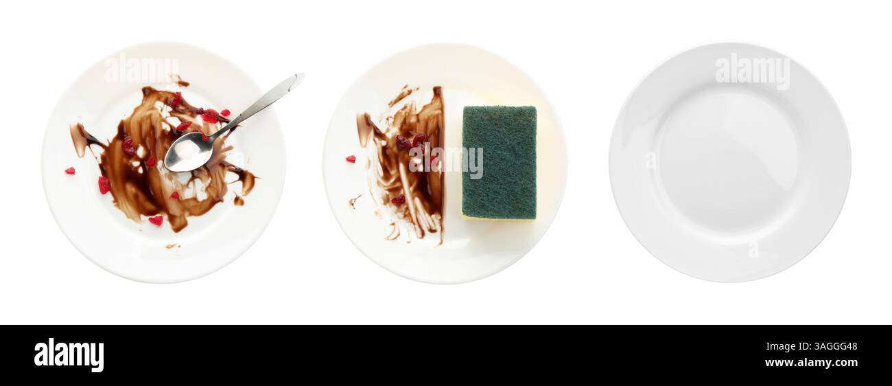 Washing dish process. From dirty to clean plate on white background ...