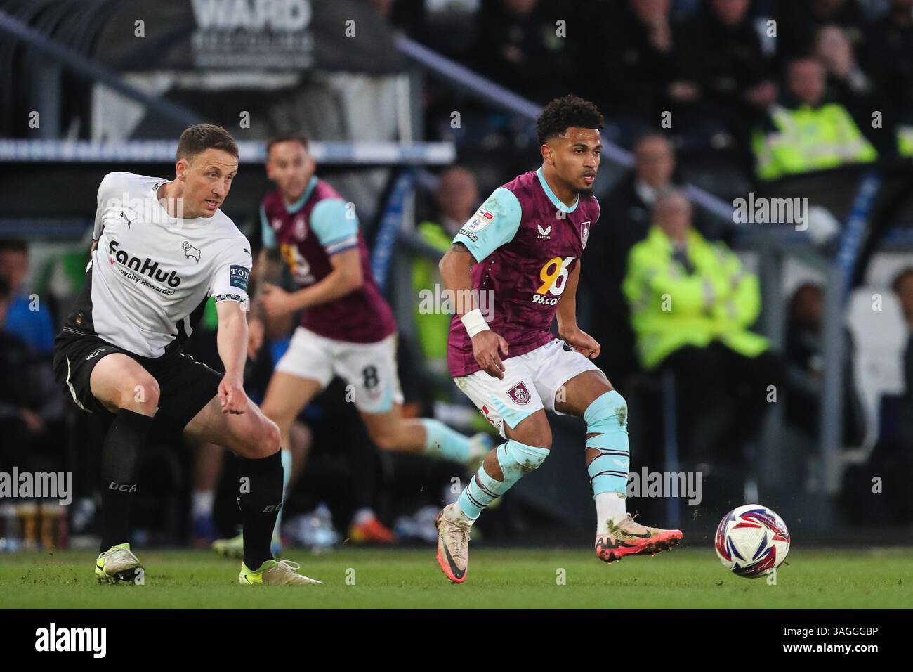 Derby, UK. 08th Apr, 2025. Marcus Edwards of Burnley passes the ball ...