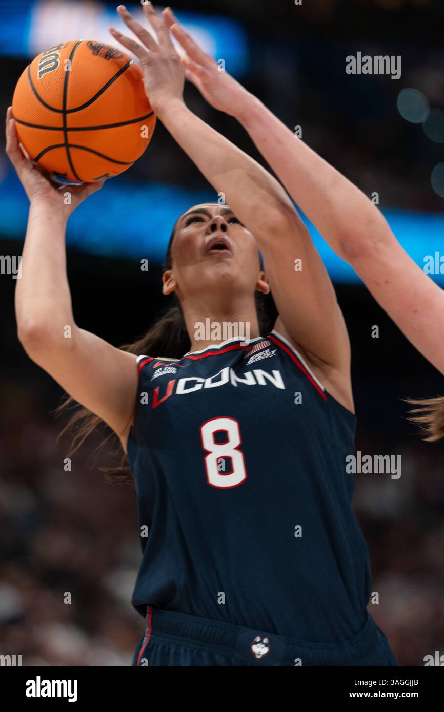 Tampa, USA. 04th Apr, 2025. UConn Huskies center Jana El Alfy (8) shoots layup against the UCLA ...