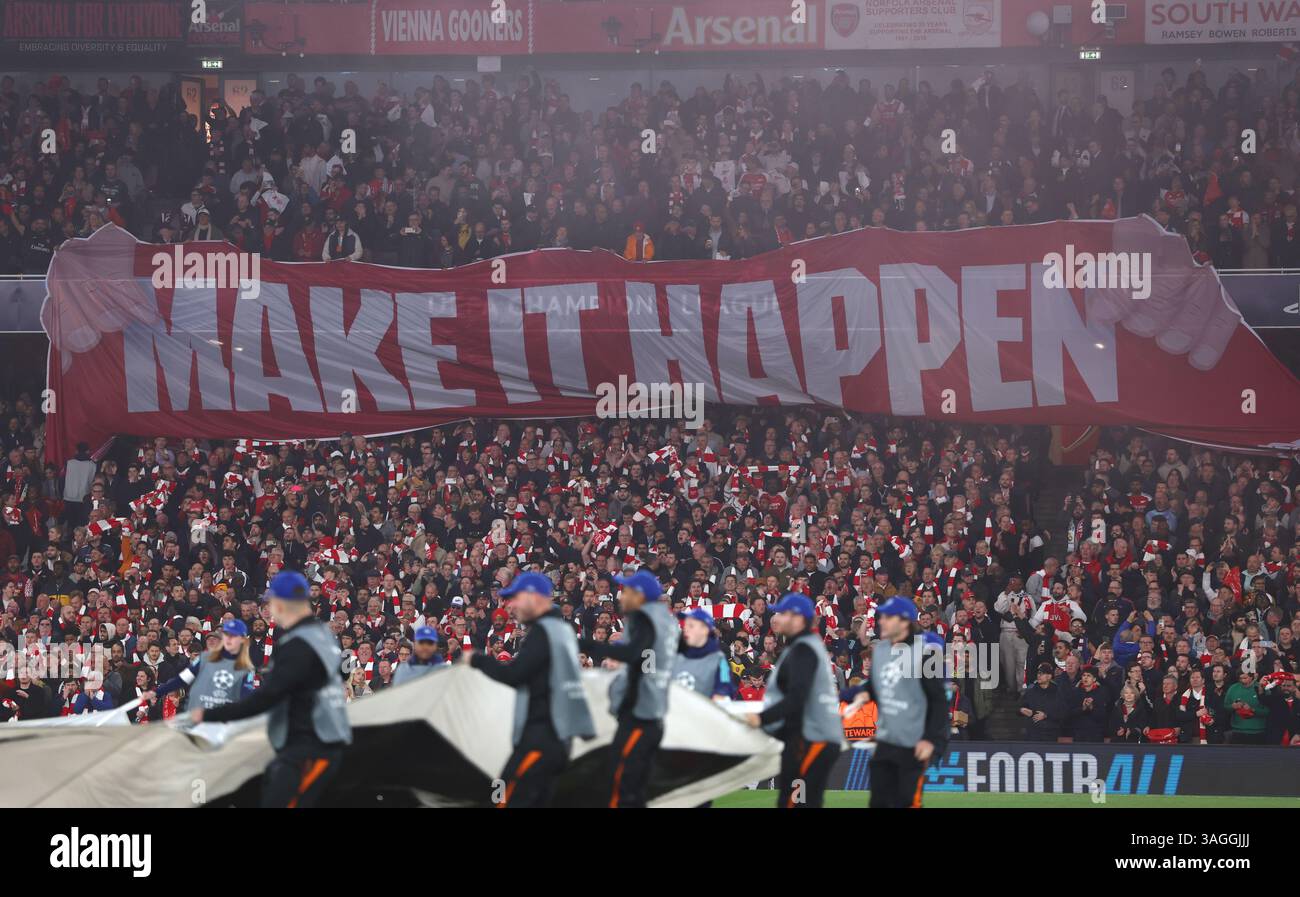 London, UK. 8th Apr, 2025. Arsenal fans unveil a giant banner during ...