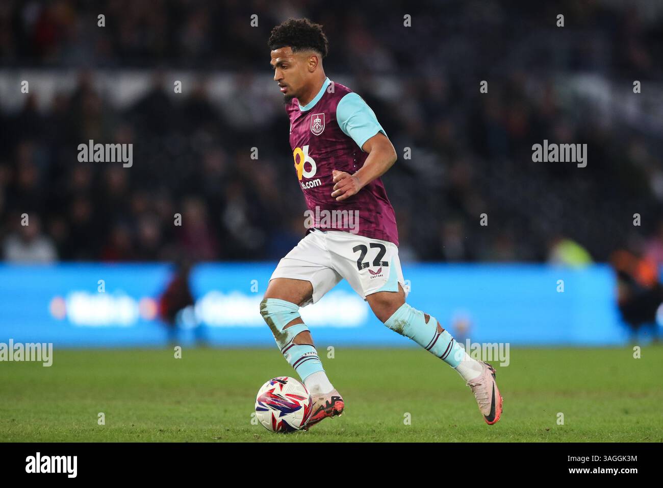 Derby, UK. 08th Apr, 2025. Marcus Edwards of Burnley goes forward with ...