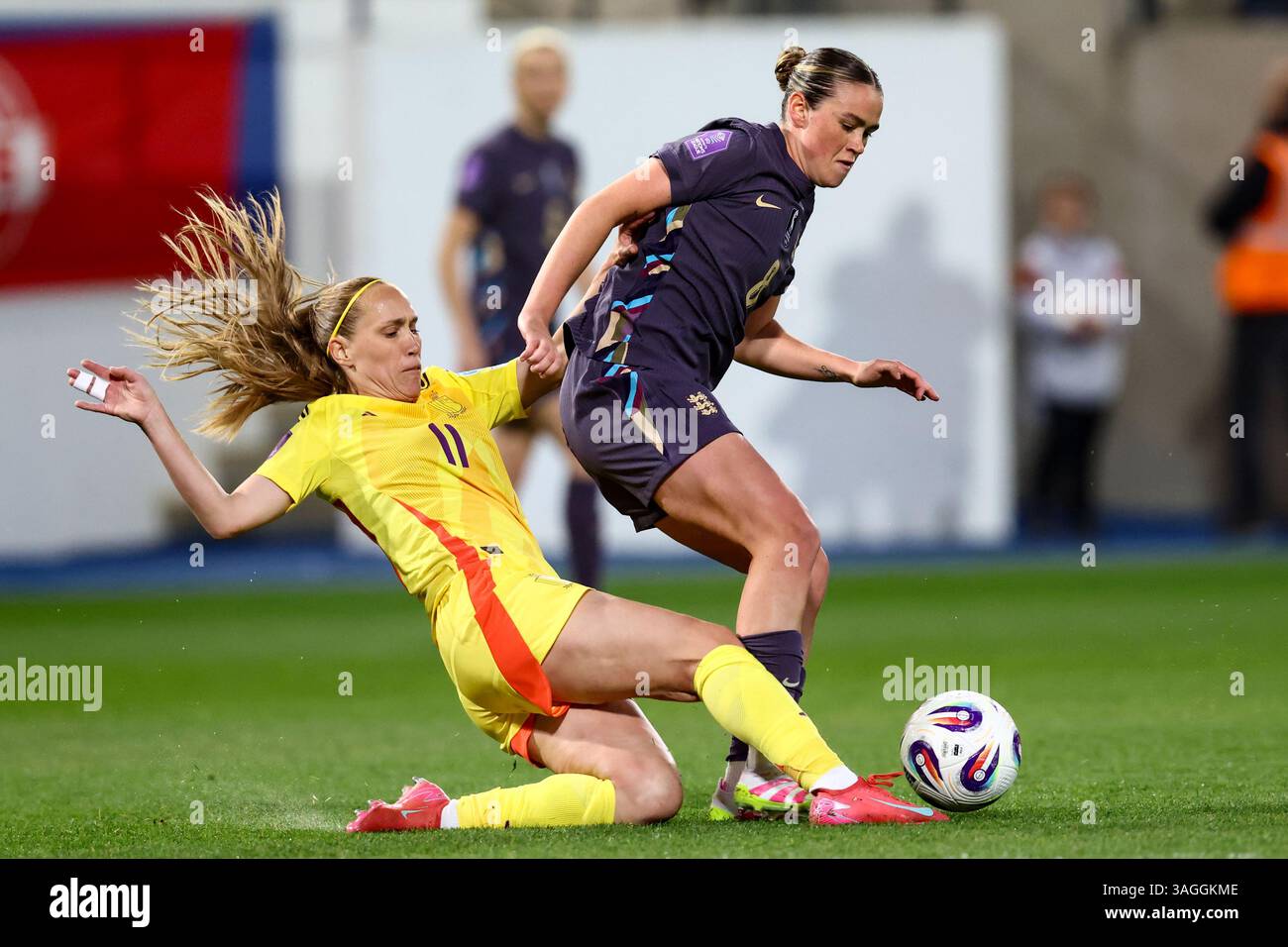 Belgium's Janice Cayman and England's Grace Clinton (right) during the ...