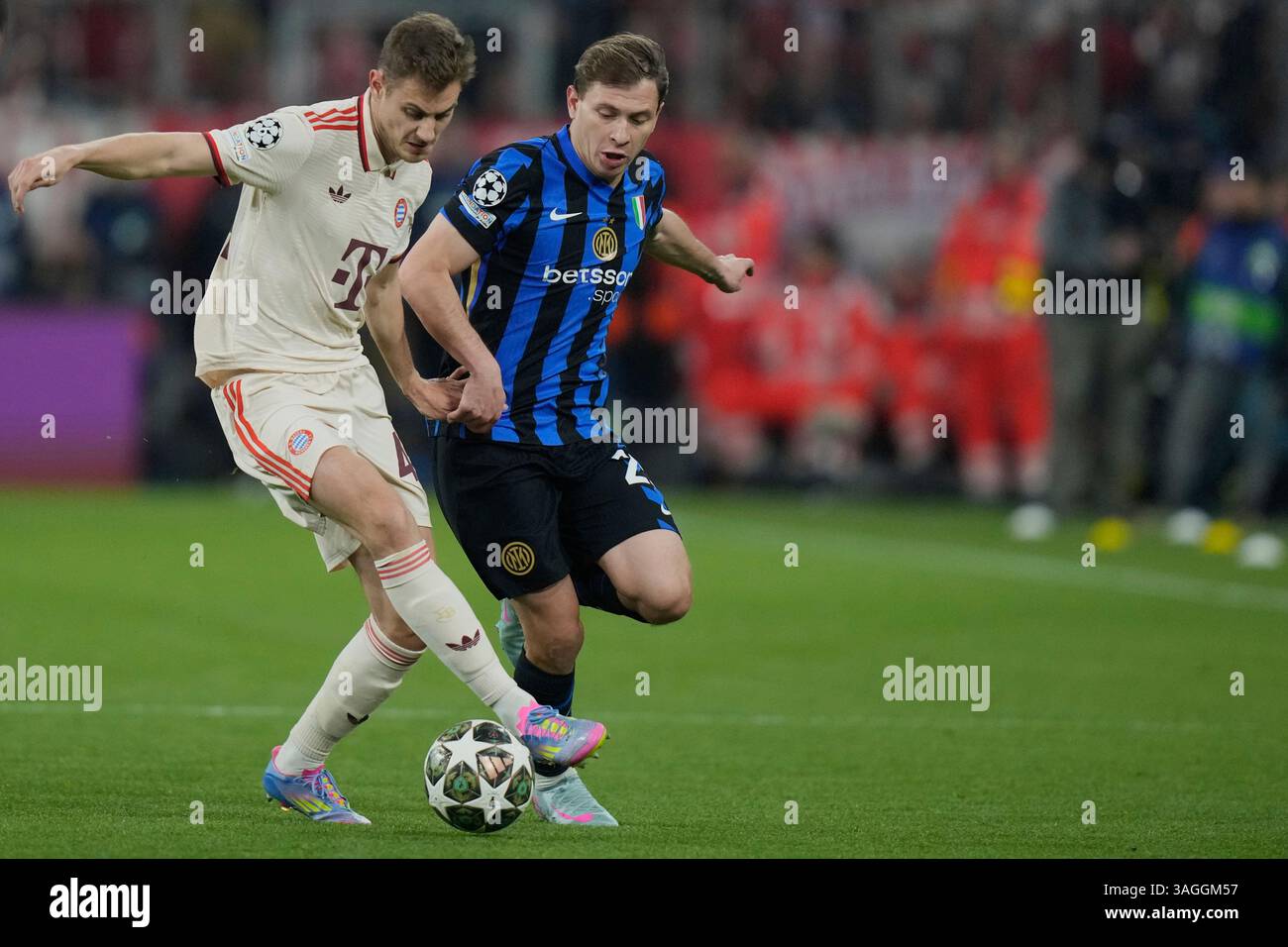 Bayern's Josip Stanisic, left, duels for the ball with Inter Milan's ...