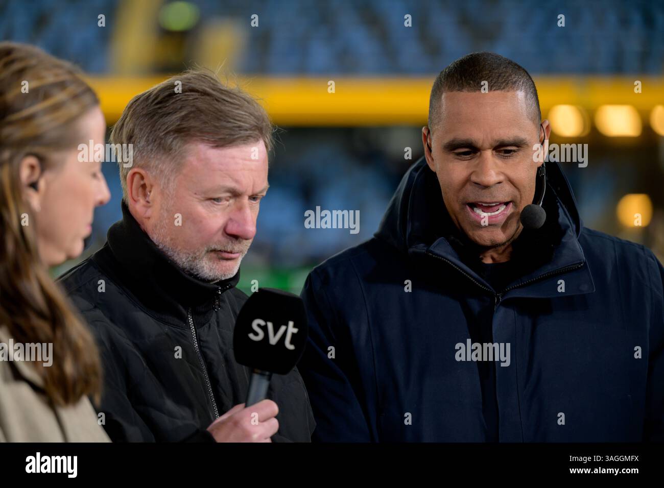 250408 Head coach Peter Gerhardsson of Sweden and Daniel Nannskog of Swedish broadcaster SVT ...