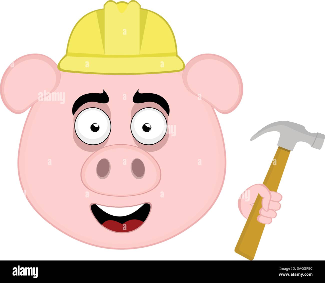 vector illustration emoji character face pig cartoon, with a builder helmet and hammer in hand ...