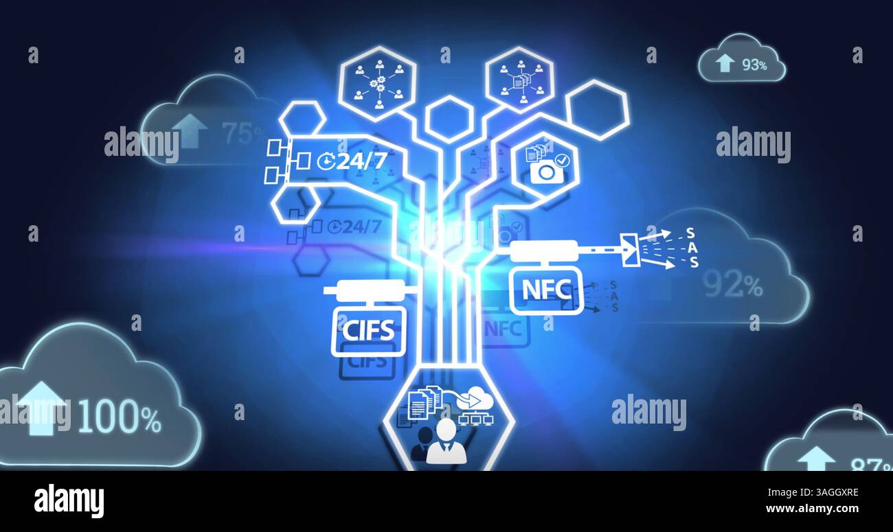 Image of network of connections with digital icons and clouds with ...