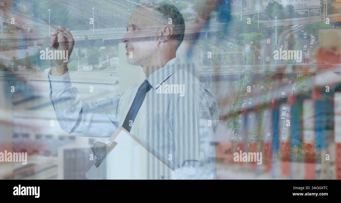 Image of data processing over businessman counting stock in warehouse ...