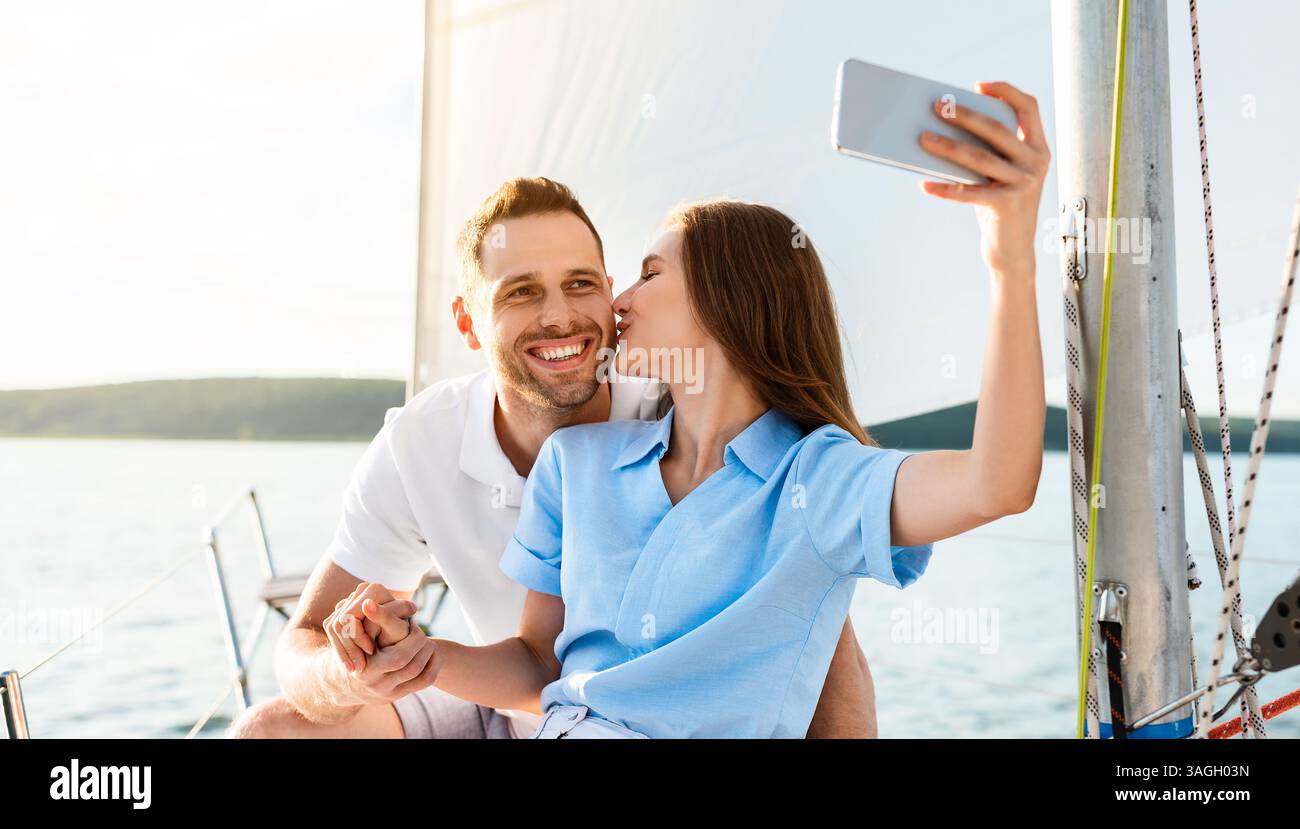 Loving Couple Making Selfie On Phone Kissing Enjoying Yacht Ride Stock ...