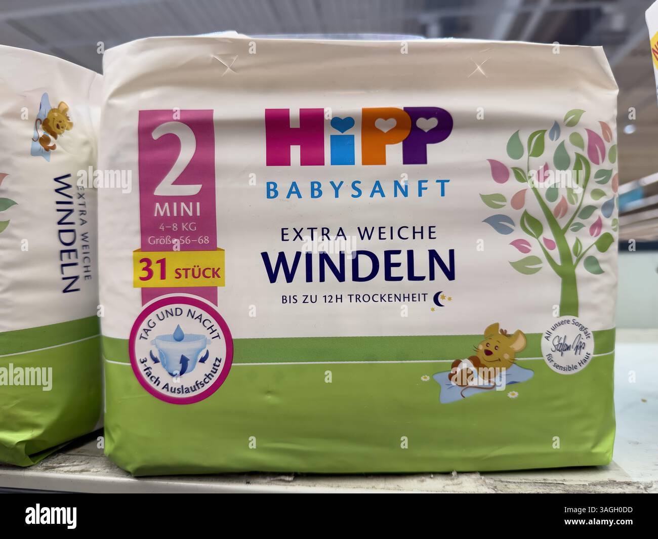 A display of Hipp Baby Diapers featuring the Babysanft line with focus ...