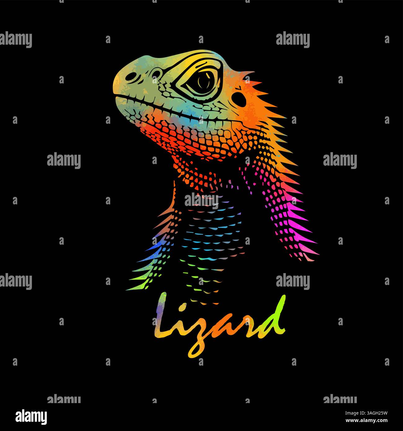 colored Lizard head on black background. hand drawing. Not AI, Vector ...