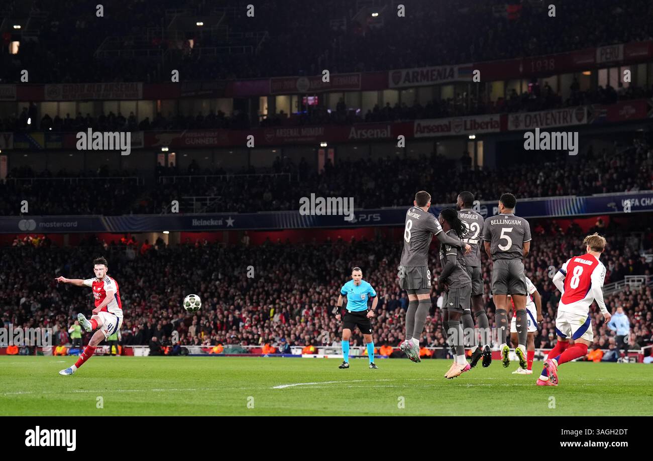 Arsenal's Declan Rice scores their side's first goal of the game during ...
