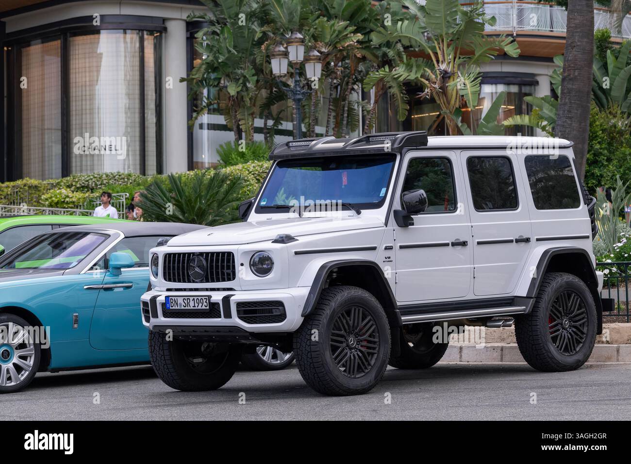 Monte Carlo, Monaco - View on a matte blue Mercedes-AMG Brabus G B40S ...