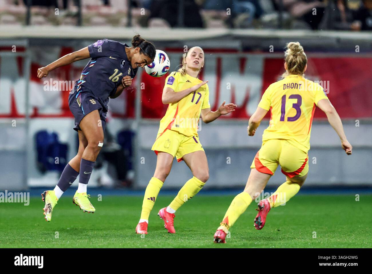England's Jess Carter and Belgium's Jill Janssens during the UEFA Women ...