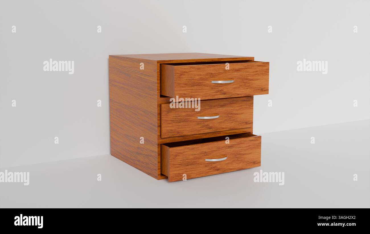 3D model of a small wooden nightstand with open drawers on a white ...