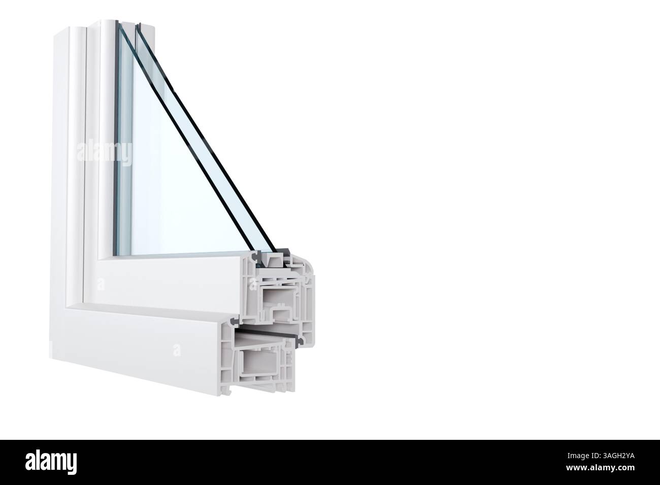 3D model of a window profile in section with glass on a white ...