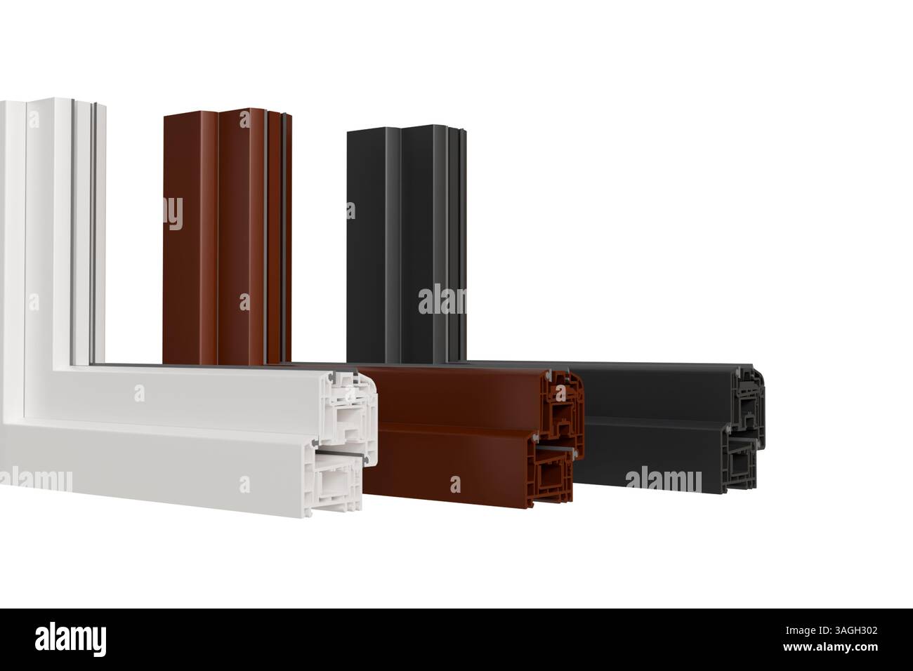 3D model of window profiles in section in white and gray and brown ...