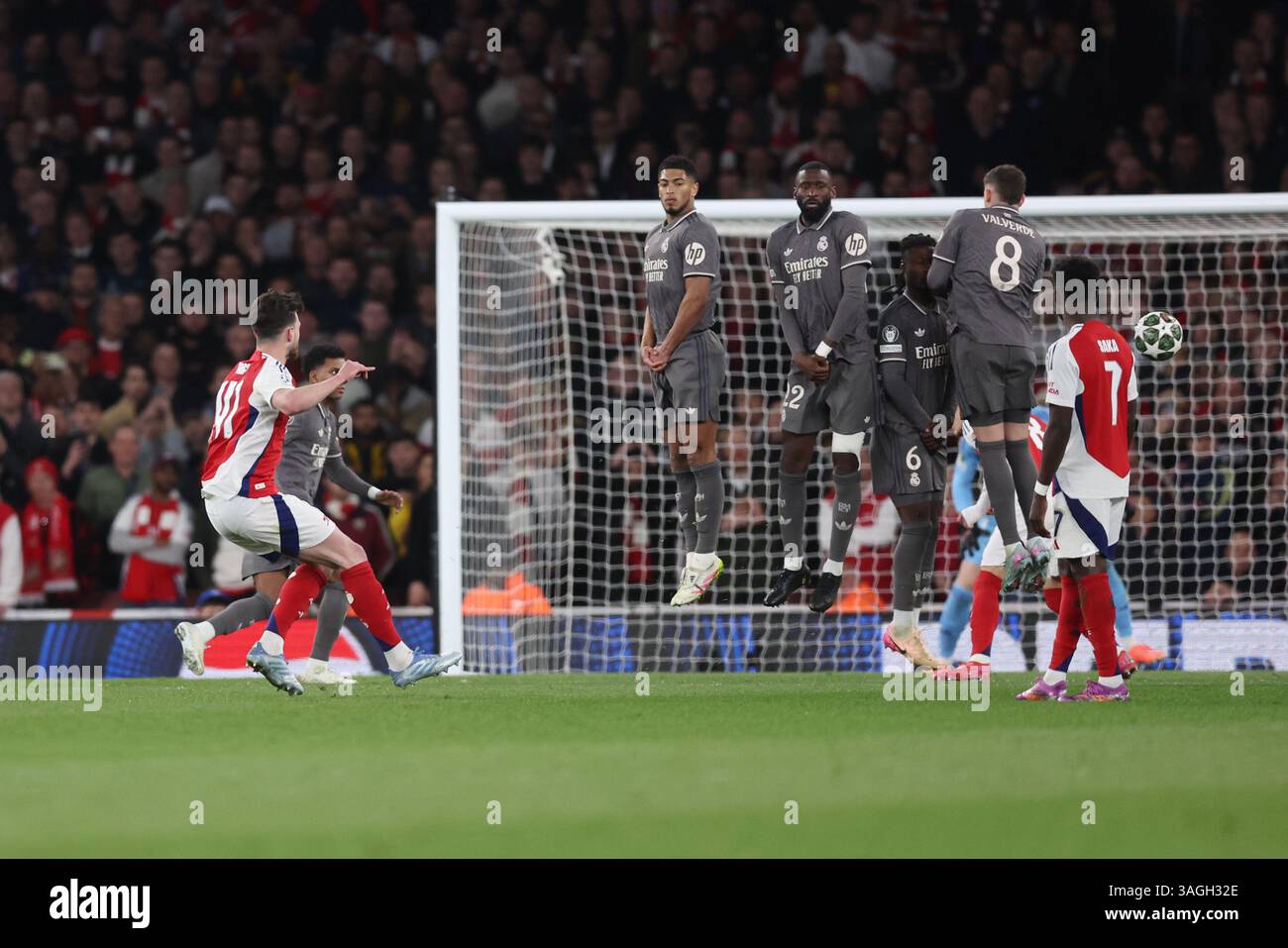 London, UK. 8th Apr, 2025. Declan Rice of Arsenal scores the first goal from a free kick during ...