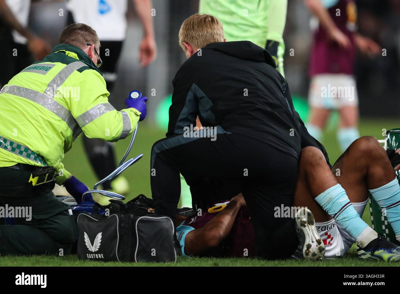 Derby, UK. 08th Apr, 2025. Lyle Foster of Burnley receives medical ...
