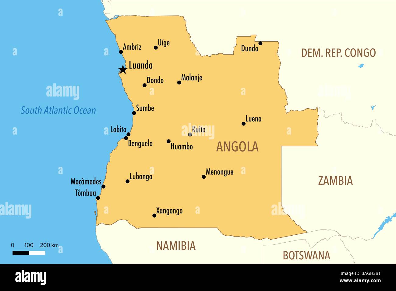 Map of Angola with Major Cities and Neighboring Countries Stock Photo ...