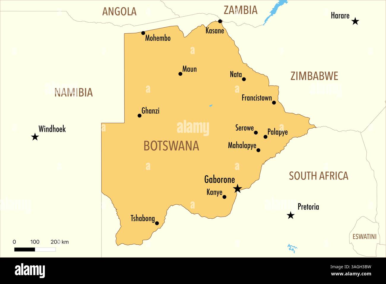Map of Botswana with Major Cities and Neighboring Countries Stock Photo - Alamy