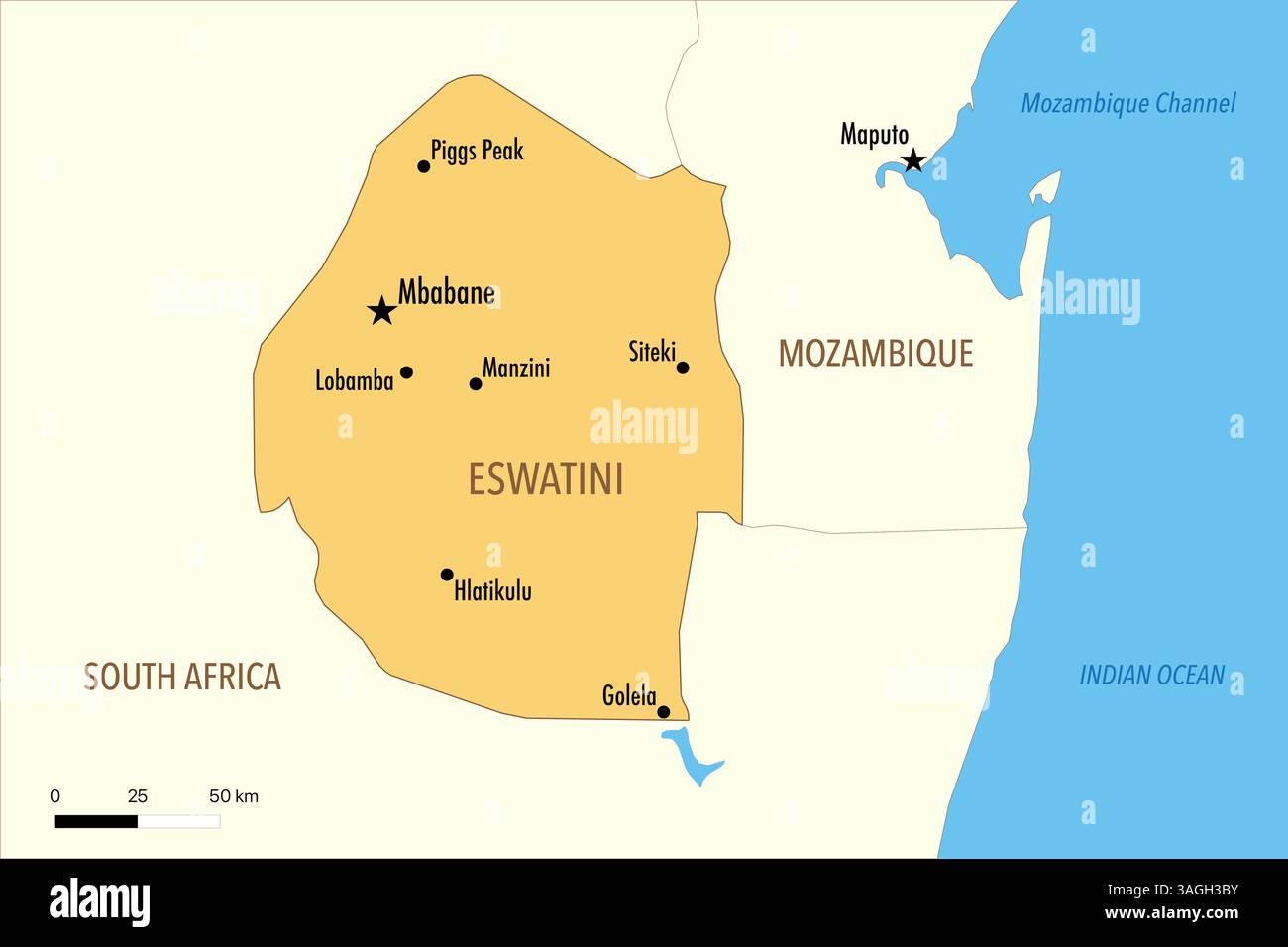 Map of Eswatini with Major Cities and Neighboring Countries Stock Photo ...