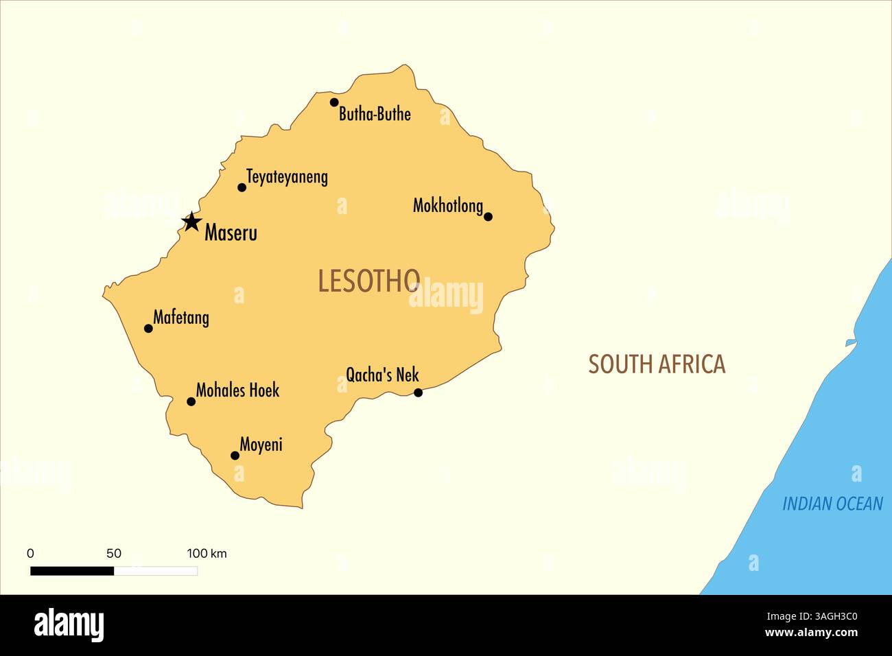 Map of Lesotho with Major Cities and Neighboring Countries Stock Photo ...