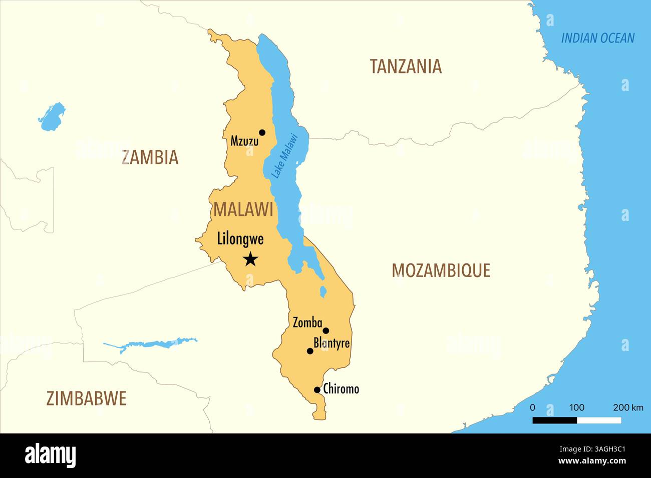 Map of Malawi with Major Cities and Neighboring Countries Stock Photo ...