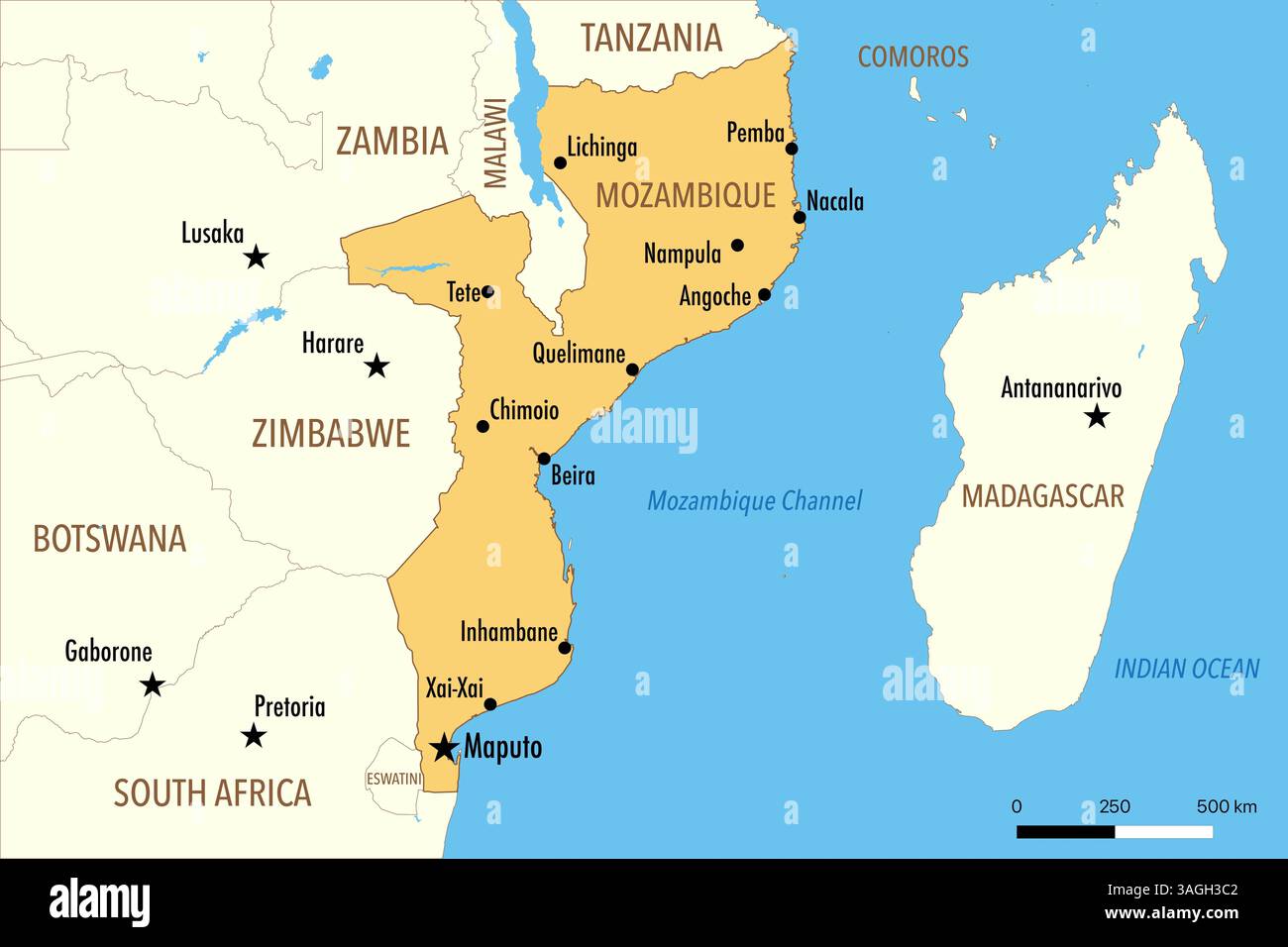 Map of Mozambique with Major Cities and Neighboring Countries Stock ...