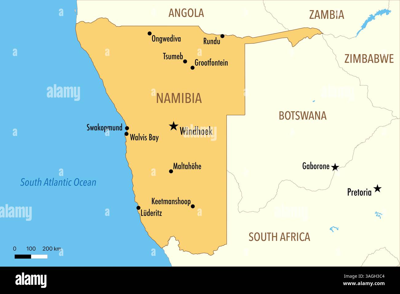 Map of Namibia with Major Cities and Neighboring Countries Stock Photo ...