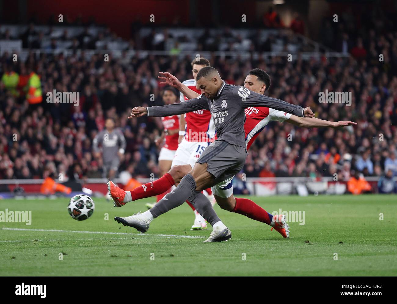 London, UK. 8th Apr, 2025. Kylian Mbappe of Real Madrid shoots on goal ...