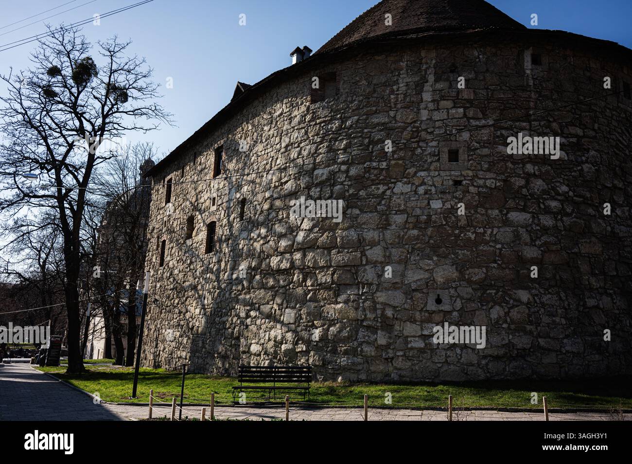 Lviv, Ukraine - April 07, 2025: Stone structure with historic architecture Powder Tower ...