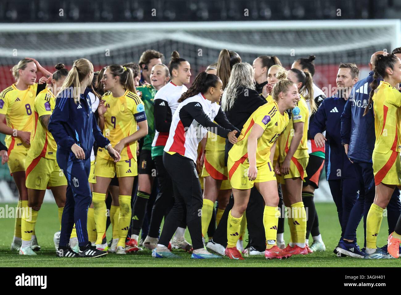Heverlee, Belgium. 08th Apr, 2025. Belgium's players celebrate after ...