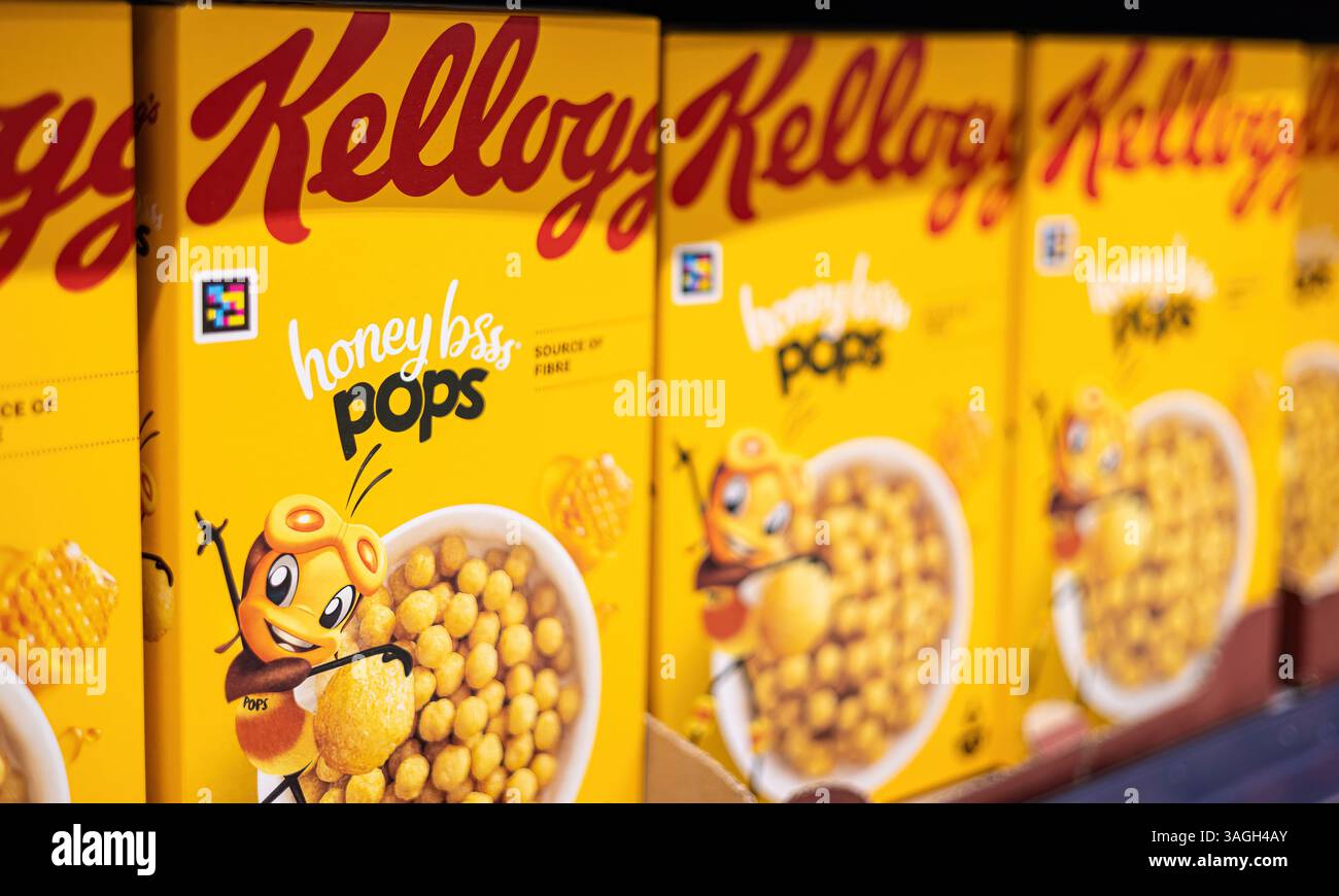A bright and cheerful box of Kellogg s honey bss pops cereal ...