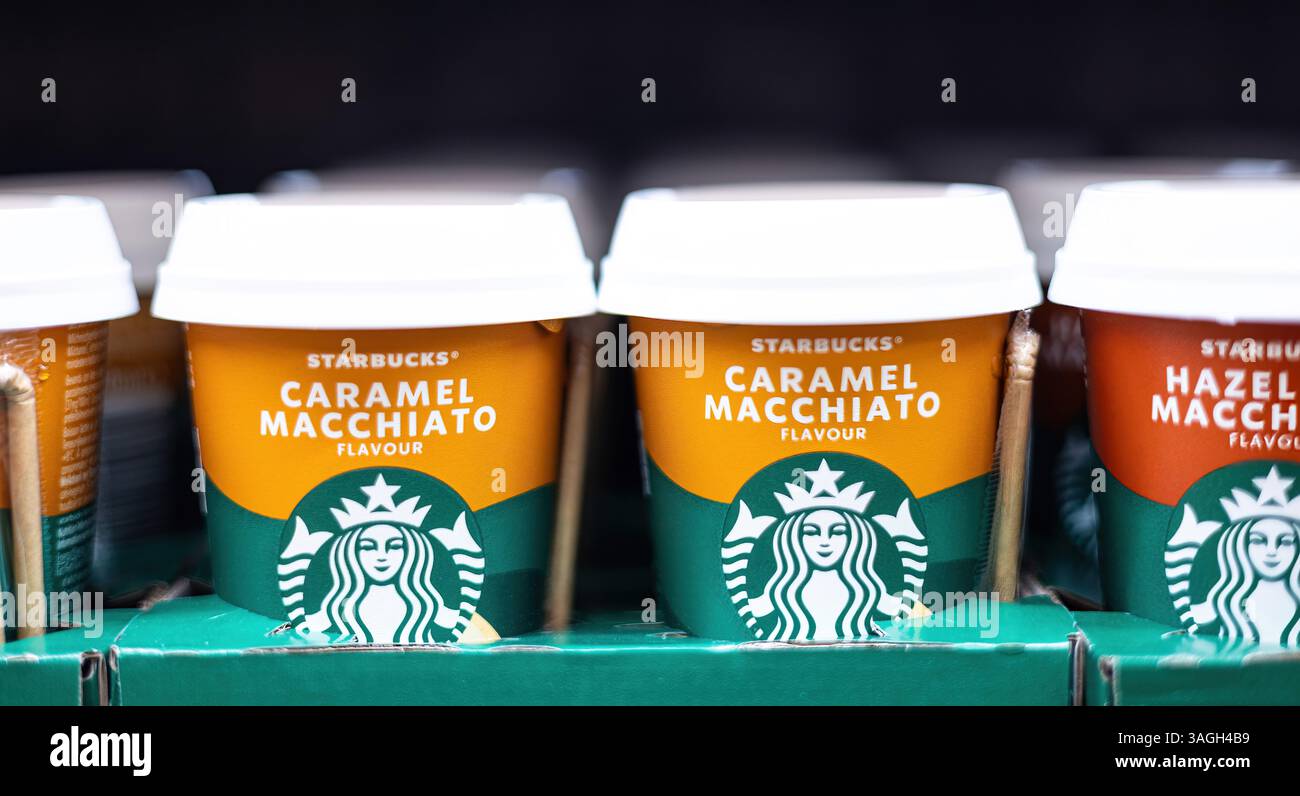 A selection of Starbucks caramel macchiato flavored chilled coffee ...