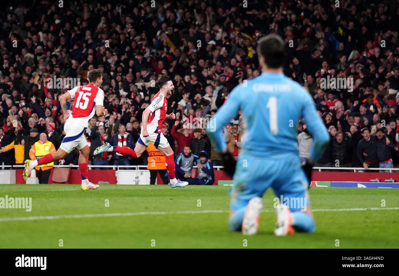 Arsenal's Declan Rice celebrates scoring their side's second goal of ...
