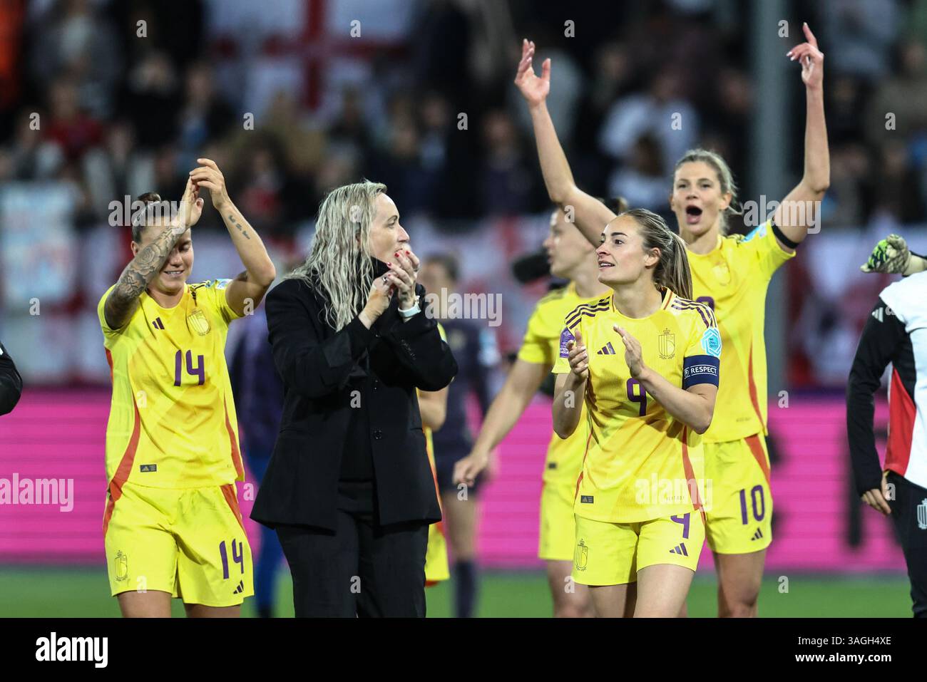 Heverlee, Belgium. 08th Apr, 2025. Belgium's players celebrate after ...