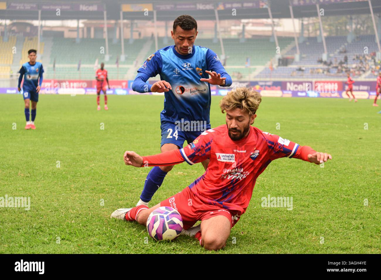 April 5, 2025, Kathmandu, Bagmati, Nepal: ASHISH CHAPAGAIN of Kathmandu Rayzrs (in red) and ...