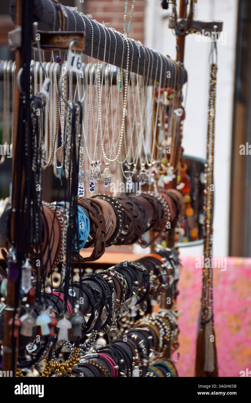 Handmade artisanal jewelry and accessories on display at a street ...
